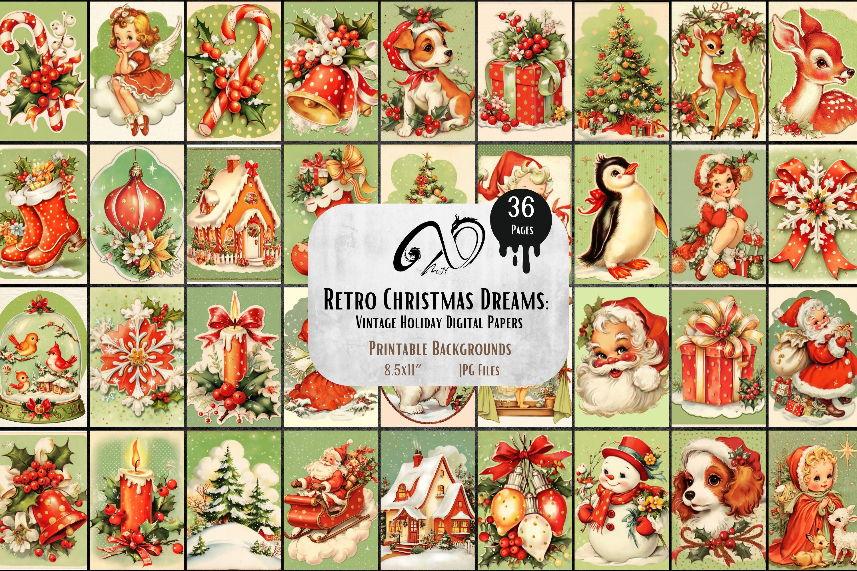 Retro Christmas Digital Paper Pack: Vintage Holiday Ephemera (digital ...