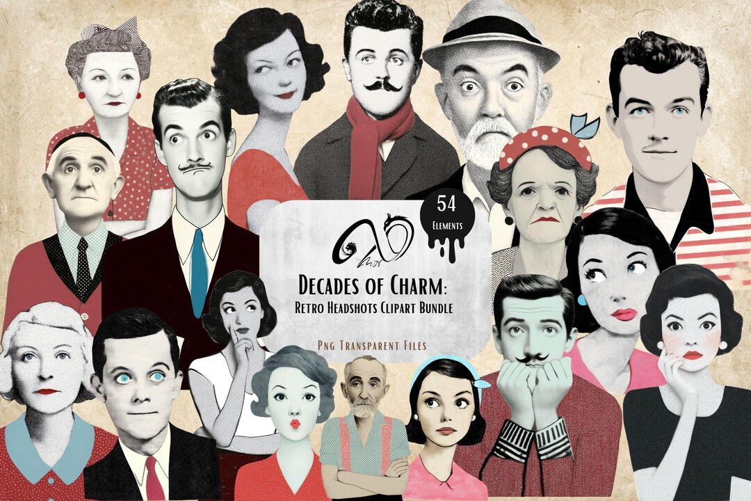 Decades of Charm: Retro Headshots Clipart Bundle, Vintage Portrait PNG ...