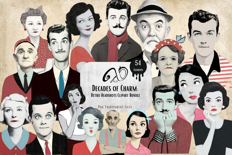 Retro Headshots Clipart Bundle: Vintage Portrait Pngs for Junk Journals ...