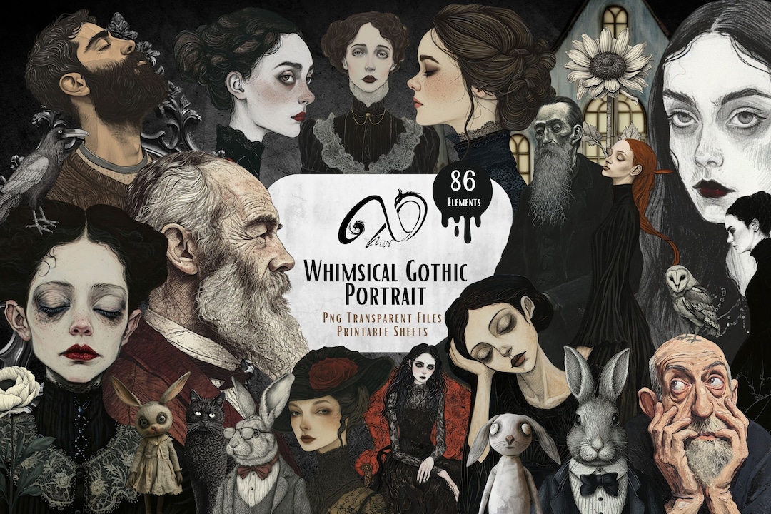 Whimsical Gothic Portrait, Ephemera, Mixed Media Art, Printable ...