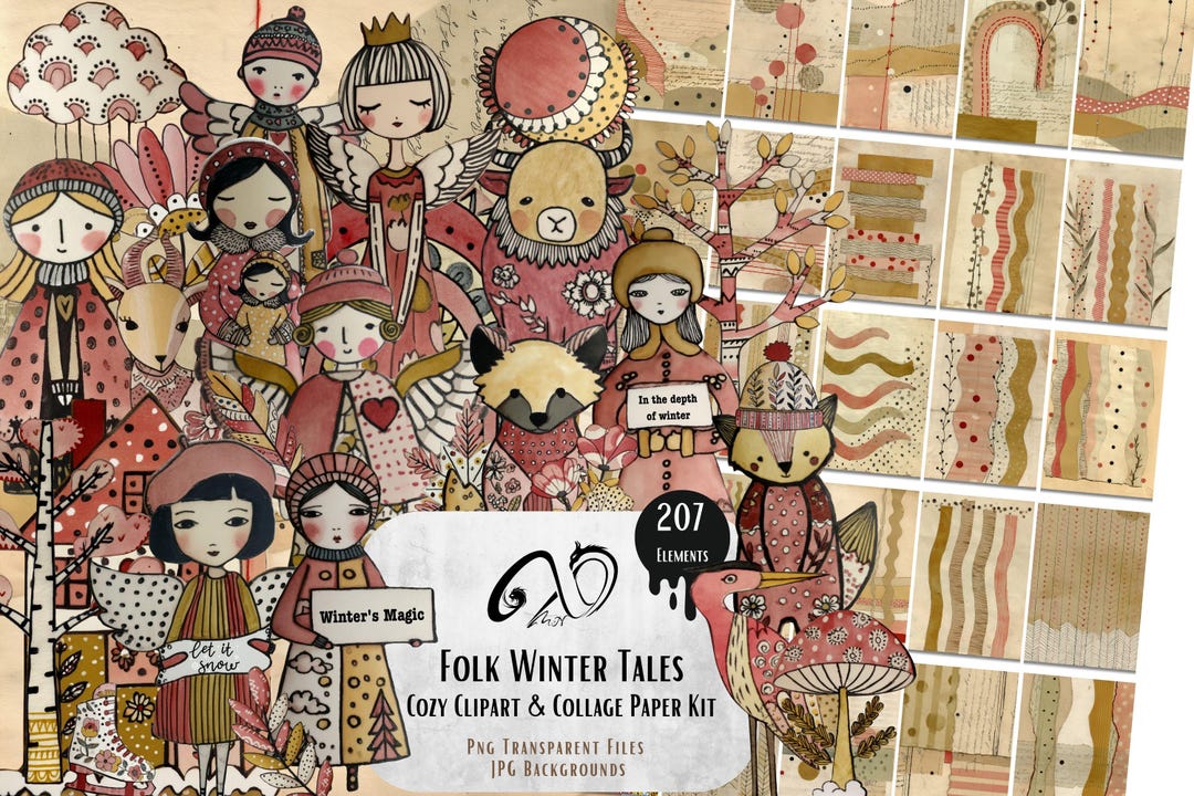 Folk Winter Tales Clipart Kit – Rustic Collage Paper, Cozy Designs ...