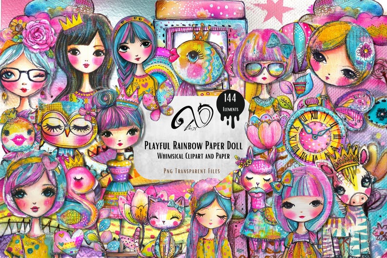 Rainbow Paper Doll Clipart: Whimsical Mixed Media Art (digital Download ...
