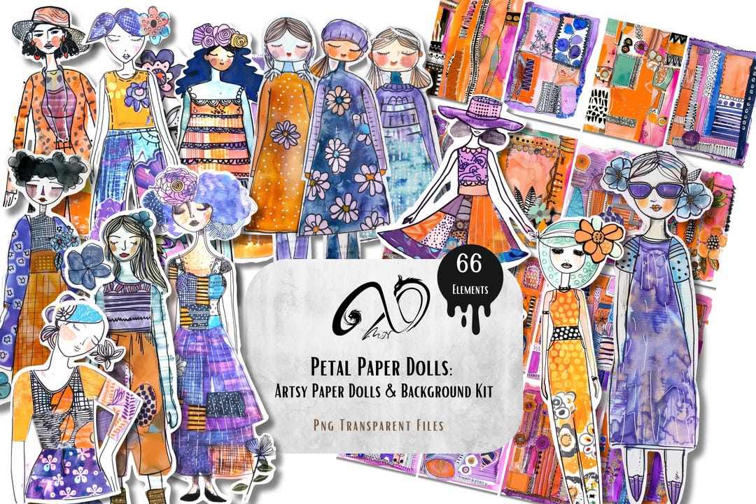 Artsy Paper Doll Clipart: Mixed Media Backgrounds, Scrapbooking ...