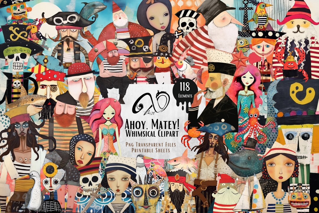Ahoy, Matey! Whimsical Clipart, Ephemera, Mixed Media Art, Printable ...