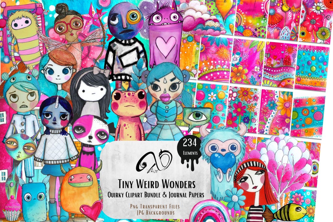 Tiny Weird Wonders — Quirky Clipart Bundle & Journal Papers, Whimsical ...