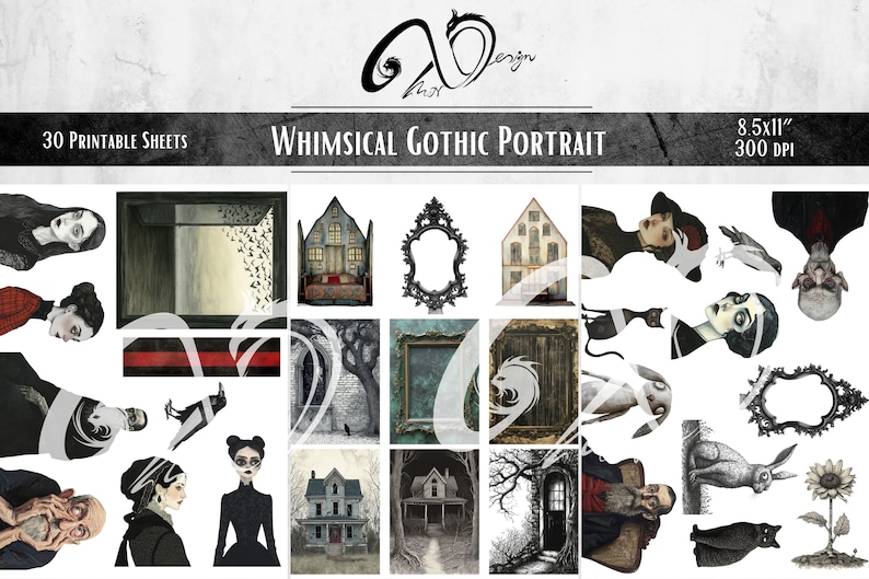 Whimsical Gothic Portrait, Ephemera, Mixed Media Art, Printable ...