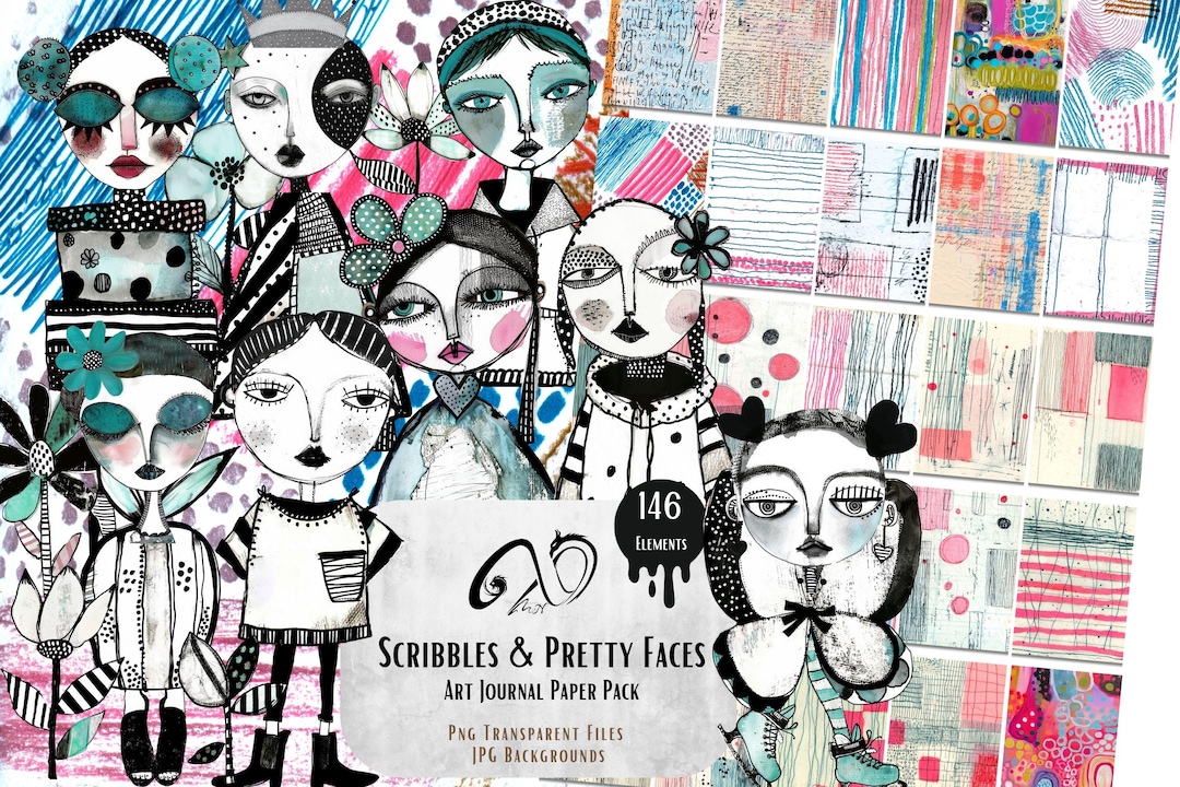 Scribbles & Pretty Faces — Art Journal Paper Pack, Doodle Line Art PNG ...