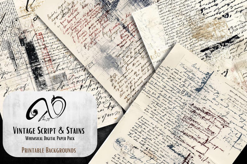 Vintage Asemic Writing Paper: Script Stains Collage, Junk Journals ...