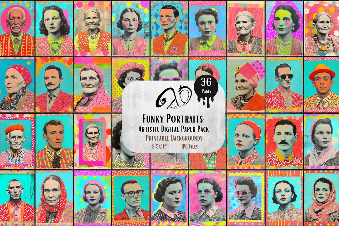 Funky Portraits: Artistic Digital Paper Pack, Digital Junk Journal ...