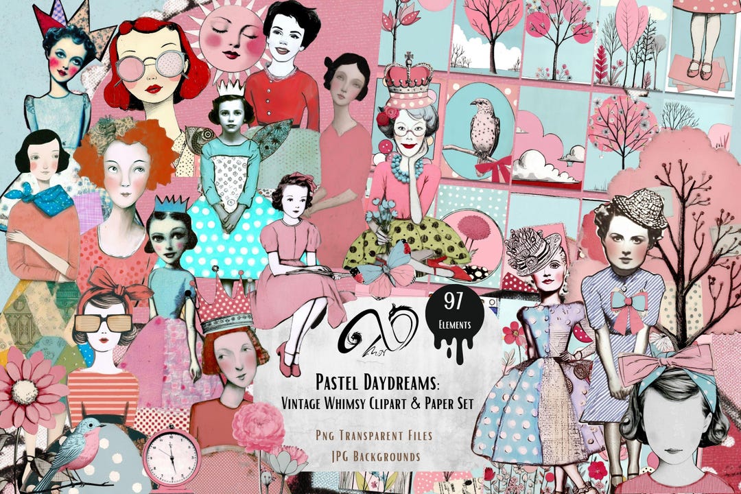 Pastel Daydream Clipart: Vintage Ephemera, Scrapbook Paper (digital ...