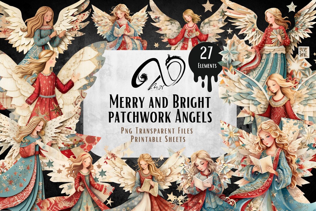 Merry Patchwork Angels-christmas Characters & Papers,digital Download ...