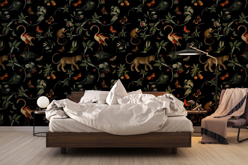 Tropical Dark Wallpaper With Cheetah, Monkeys and Flamingos. Peel and ...