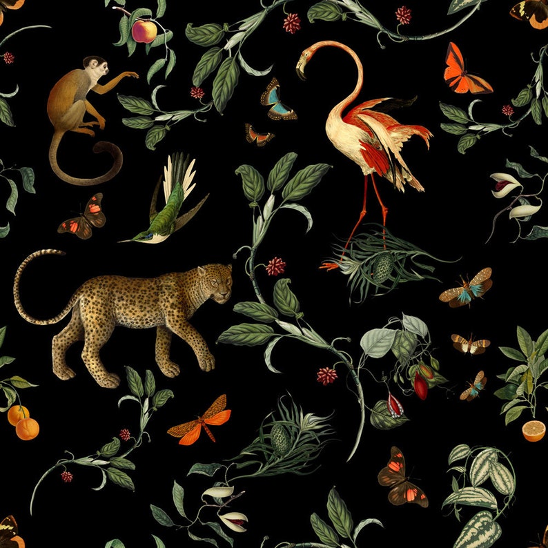 Tropical Dark Wallpaper With Cheetah, Monkeys and Flamingos. Peel and ...