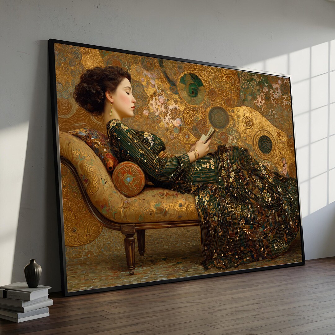 Gustav Klimt Woman Reading Canvas, Elegant Art Nouveau Wall Art, Gold ...