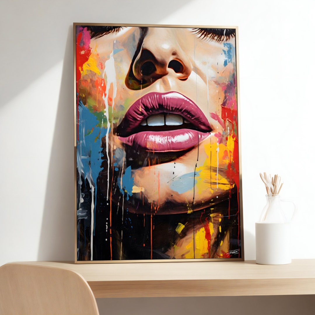 Paint Dripping Lips Canvas Print, Naturel Lip Abstract Woman Wall Decor ...