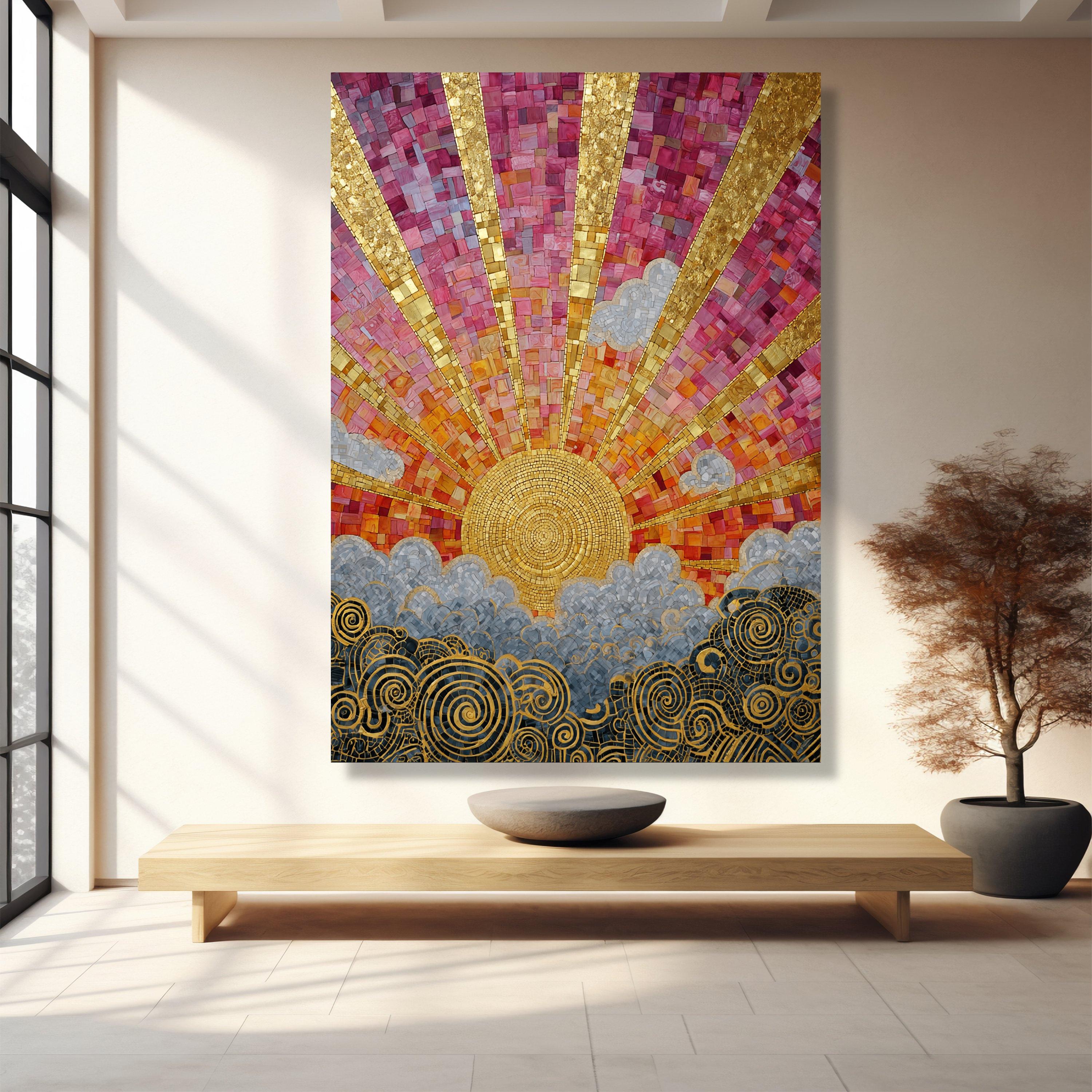 Gustav Klimt Radiant Sunburst Canvas, Mosaic Art Wall Decor, Abstract ...