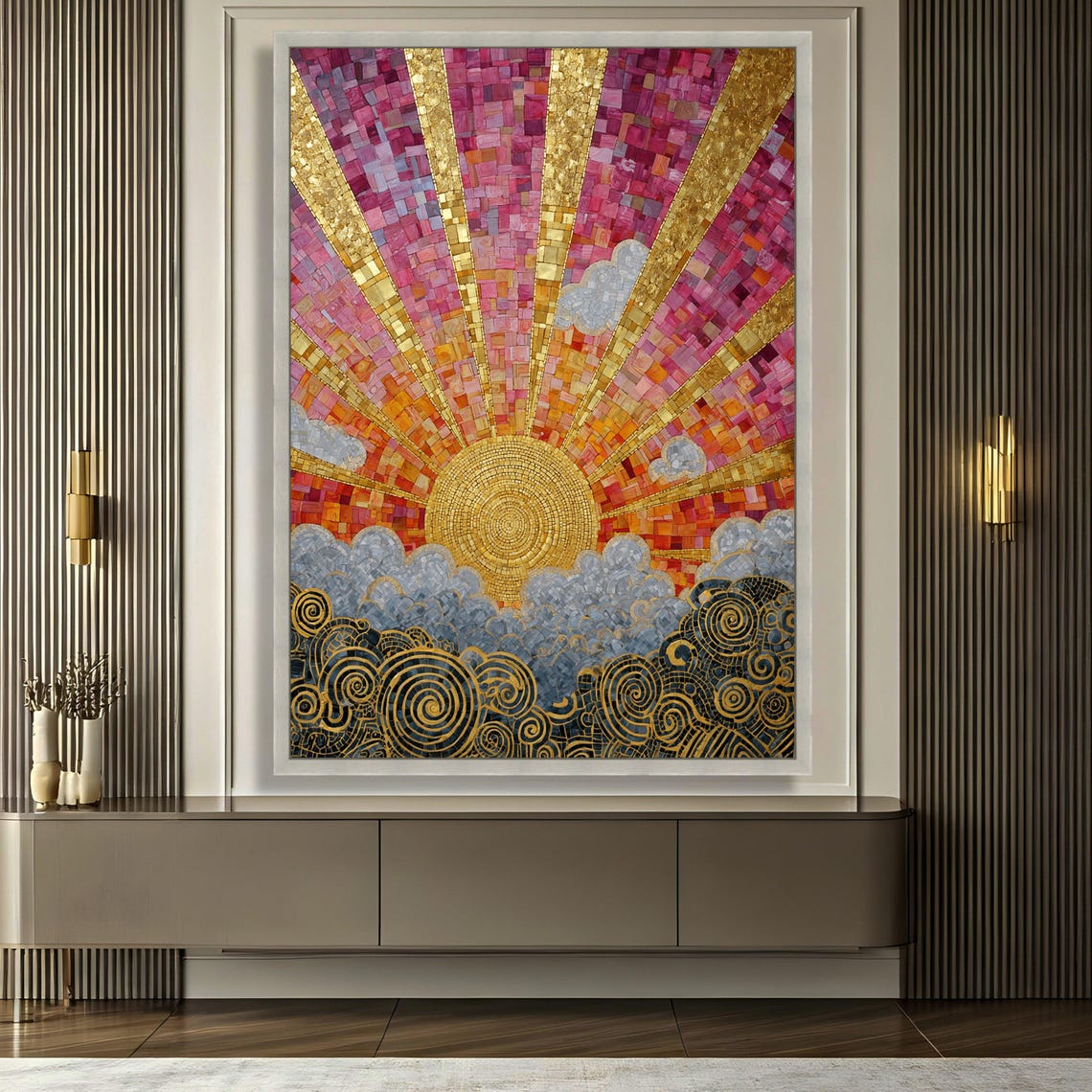 Gustav Klimt Radiant Sunburst Canvas, Mosaic Art Wall Decor, Abstract ...
