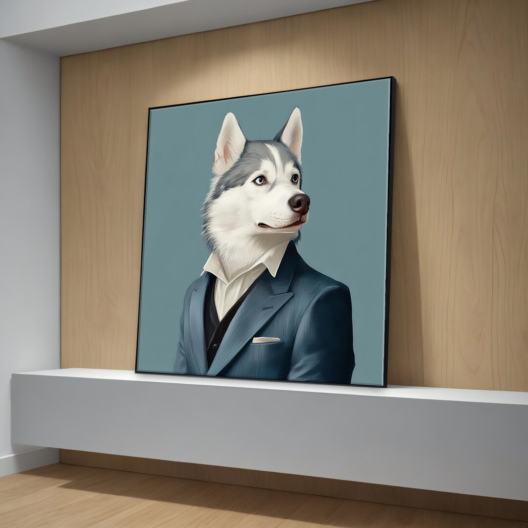 Anthropomorphic Husky in Suit Canvas Painting, Modern Dog Portrait ...
