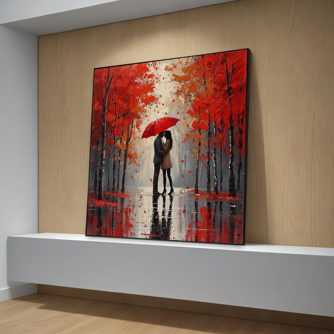 Romantic Couple Under Red Umbrella Canvas Painting – Vibrant Autumn ...