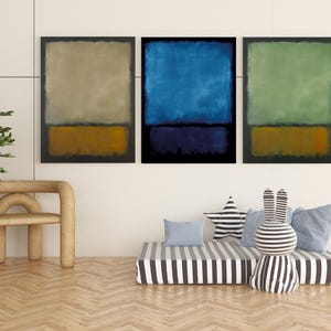 Tranquil and Earthy Mark Rothko Abstract Expressionist Canvas Painting Trio in Blue, Green, and ...