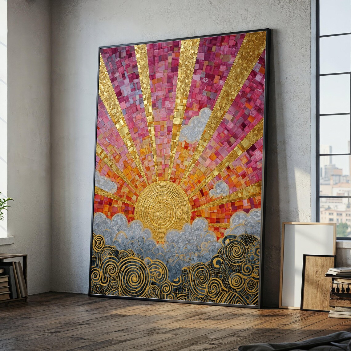 Gustav Klimt Radiant Sunburst Canvas, Mosaic Art Wall Decor, Abstract ...