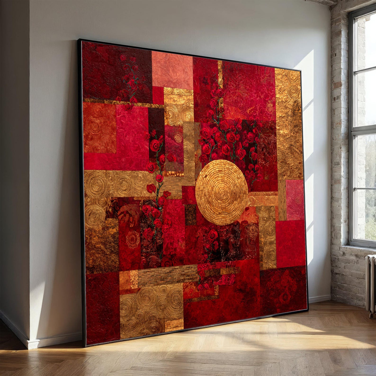 Gustav Klimt Red and Gold Abstract Canvas, Floral and Geometric Wall ...