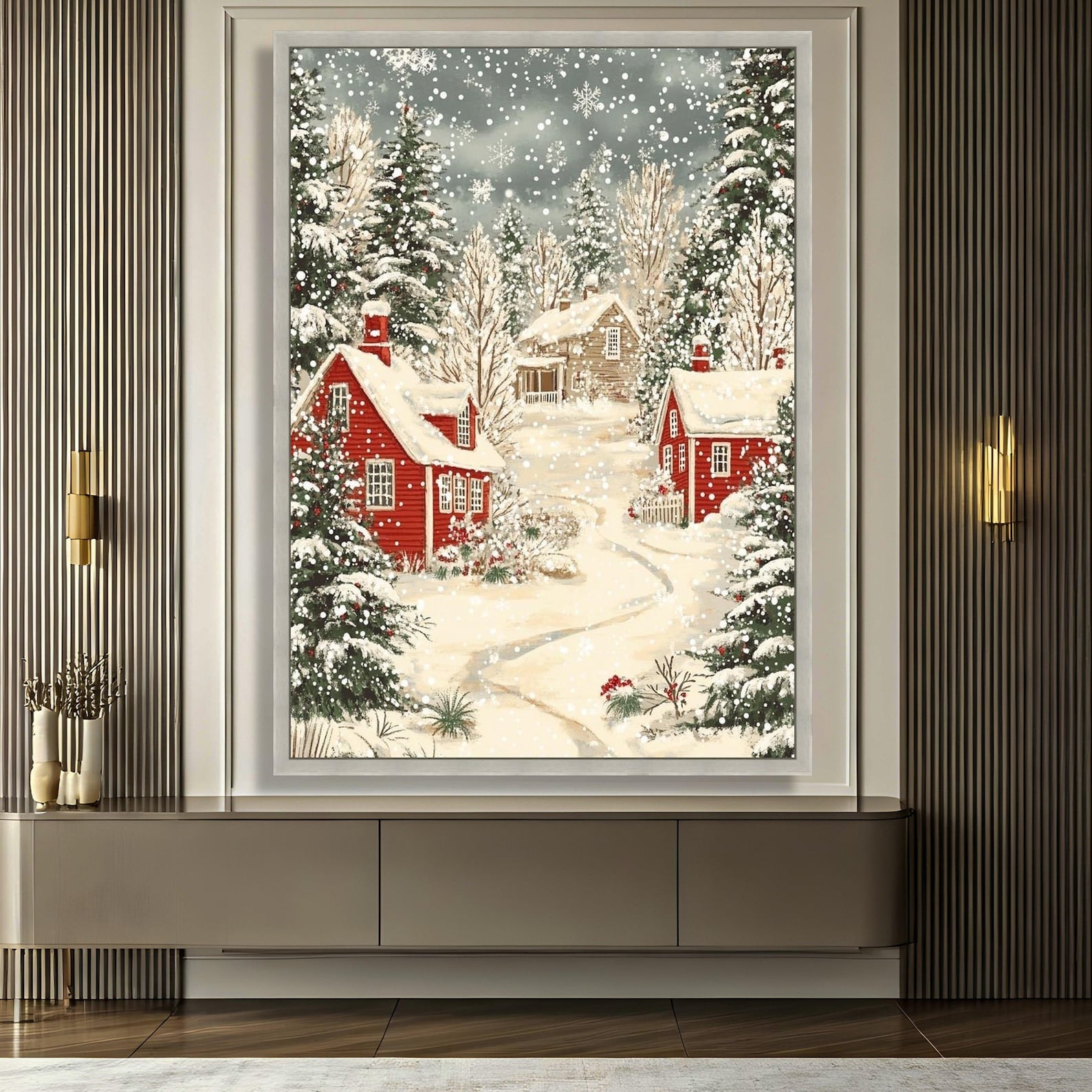 Cozy Winter Village Scene Canvas, Snowy Landscape Wall Art, Holiday ...
