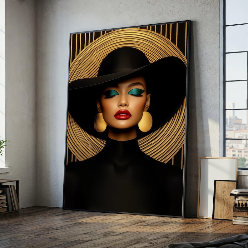 Modern Glam Portrait Canvas, Woman in Black Hat Wall Art, Gold Circle ...
