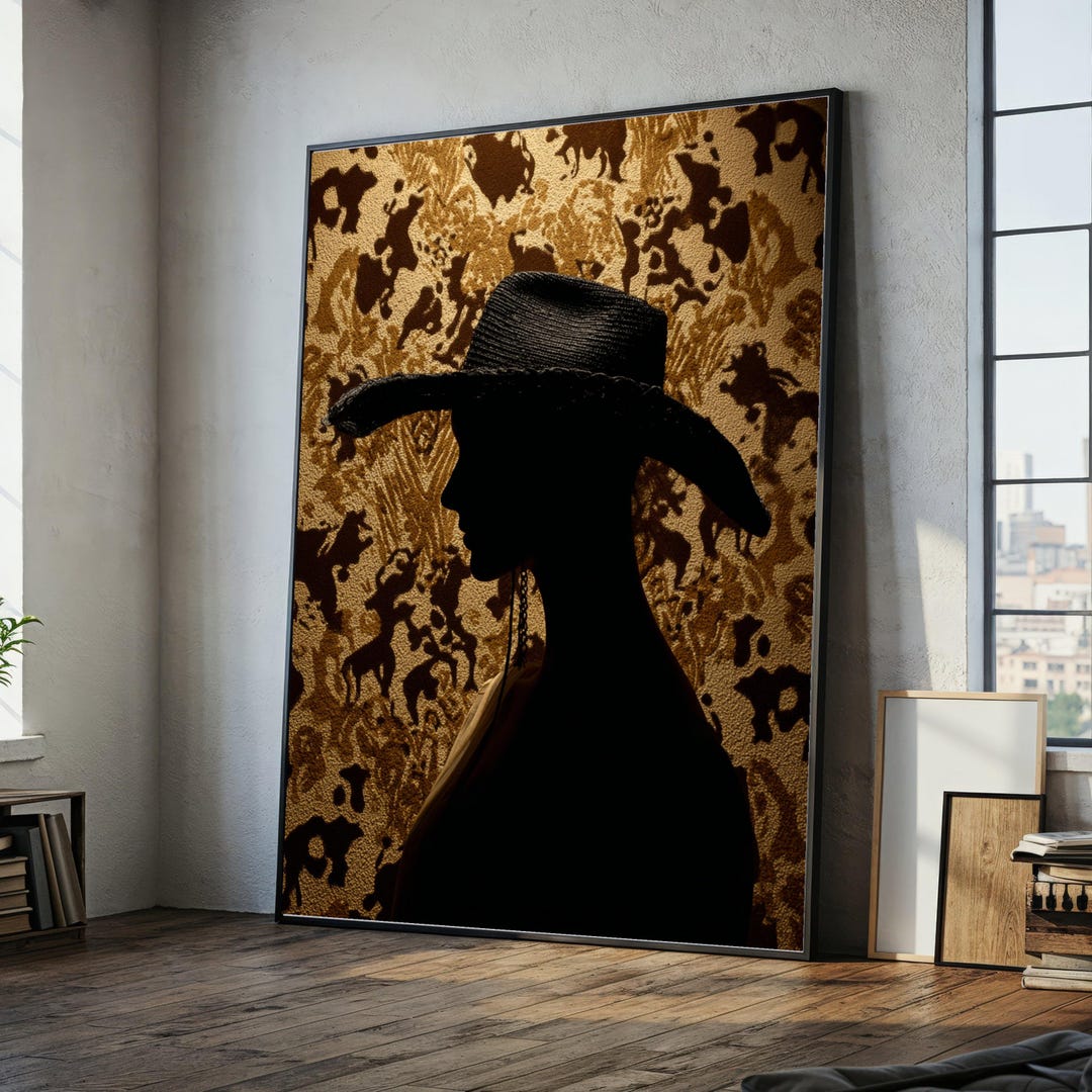 Elegant Silhouette With Wide Brim Hat, Western Style Canvas Wall Art ...