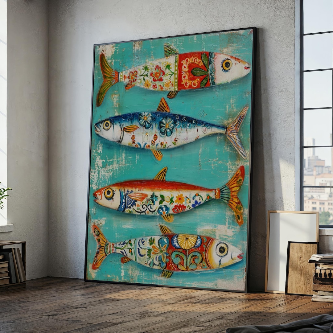 Colorful Fish Canvas Painting – Boho Coastal Wall Art, Ready to Hang ...