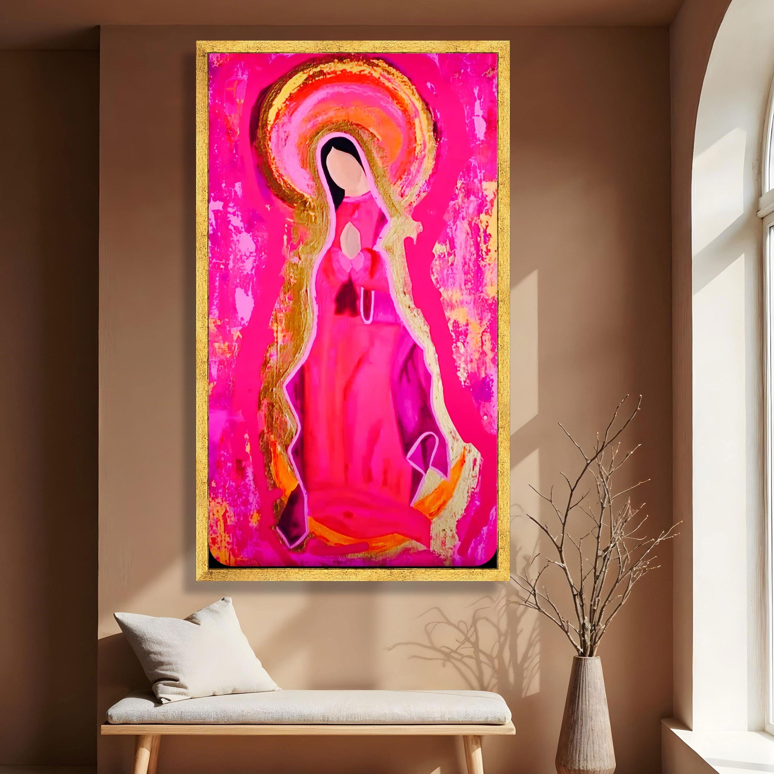 Vibrant Abstract Virgin Mary Canvas, Religious Wall Art, Pink and Gold ...