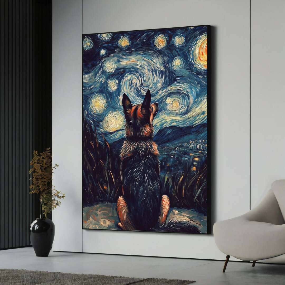 Starry Night German Shepherd Canvas Painting - Dog Lover Gift, Van Gogh ...