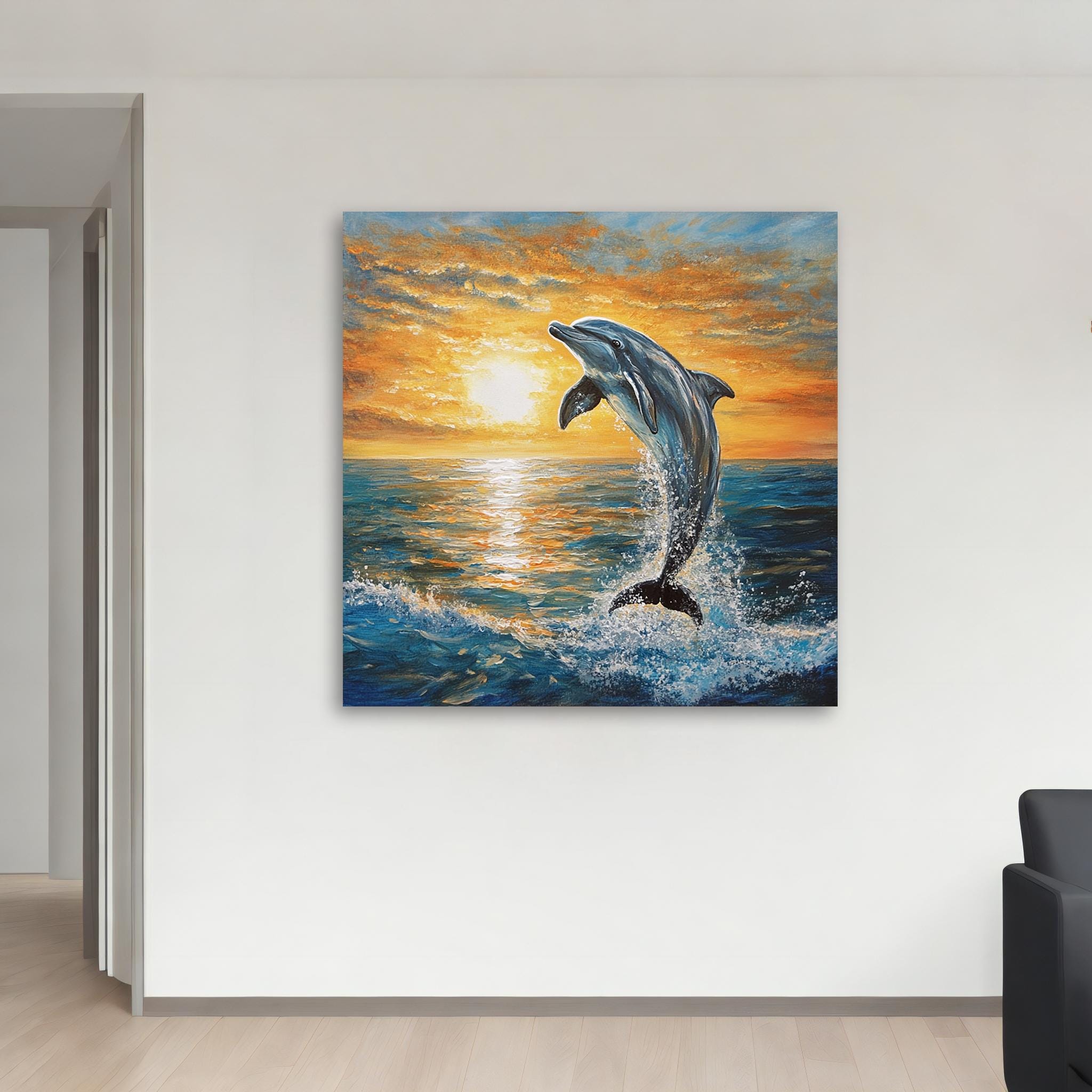 Jumping Dolphin at Sunset Canvas Painting - Vibrant Ocean Scene, Serene ...