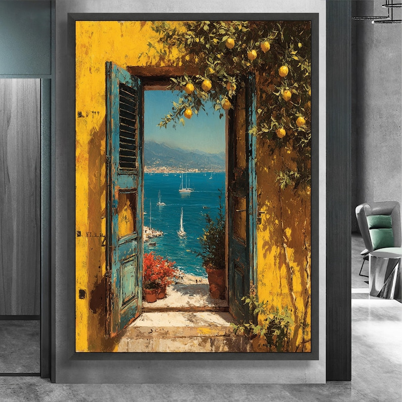 Mediterranean Seaside View Canvas, Open Blue Door Wall Art, Coastal ...