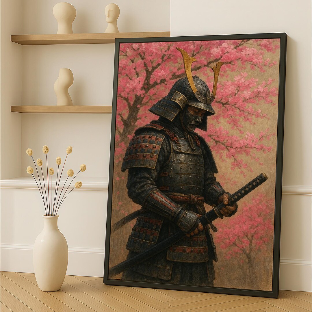 Samurai Wall Art With Cherry Blossoms – Japanese Canvas Painting, Ready ...