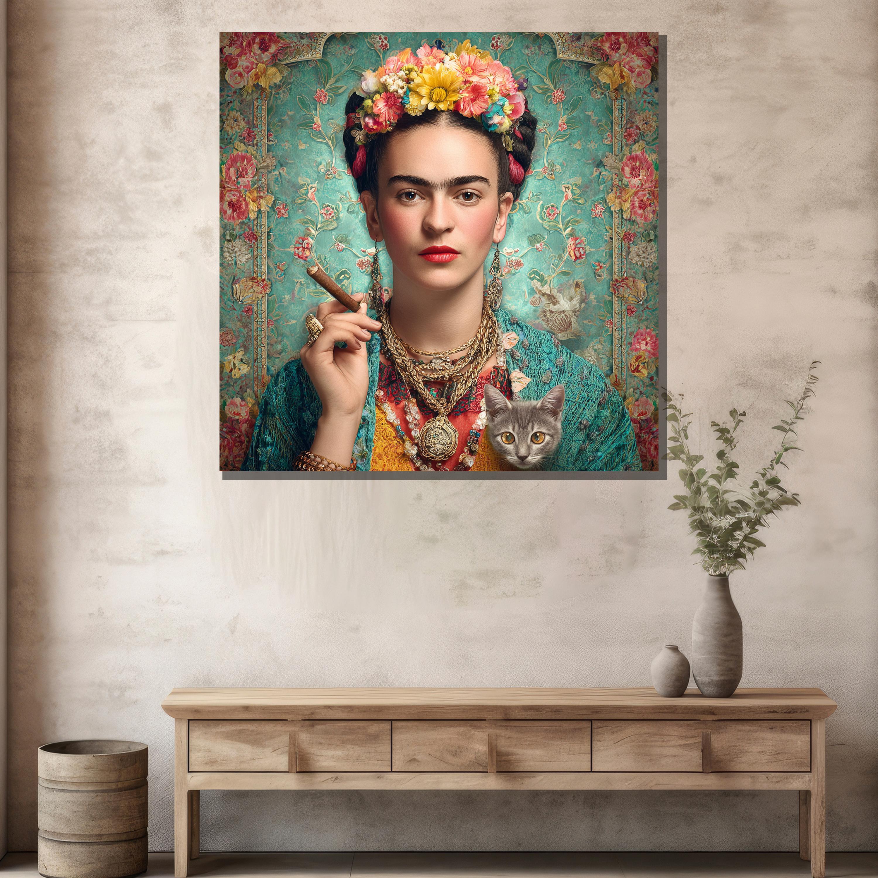 Frida Kahlo Canvas Painting – Bold Floral Portrait With Cigar, Kitten ...