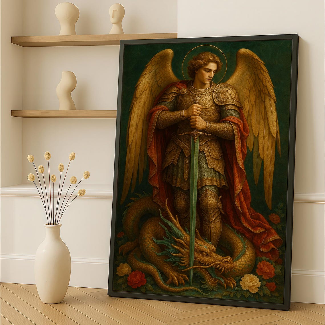 Archangel Michael Slaying Dragon Canvas Painting - Golden Armor Wall ...