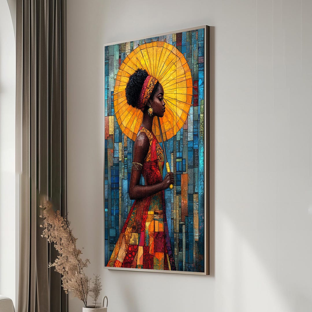 Elegant African Woman With Bright Parasol in Patchwork Dress | Bold and ...
