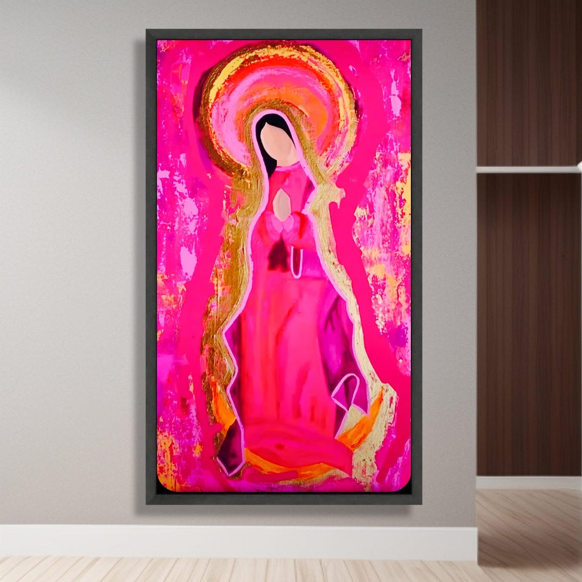 Vibrant Abstract Virgin Mary Canvas, Religious Wall Art, Pink and Gold ...