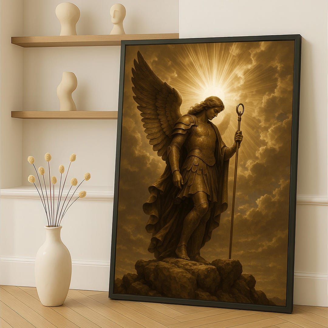 Archangel Michael Canvas Painting With Golden Light and Staff ...