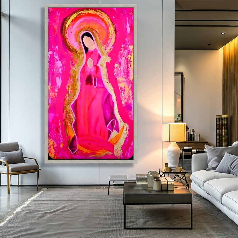Vibrant Abstract Virgin Mary Canvas, Religious Wall Art, Pink and Gold ...