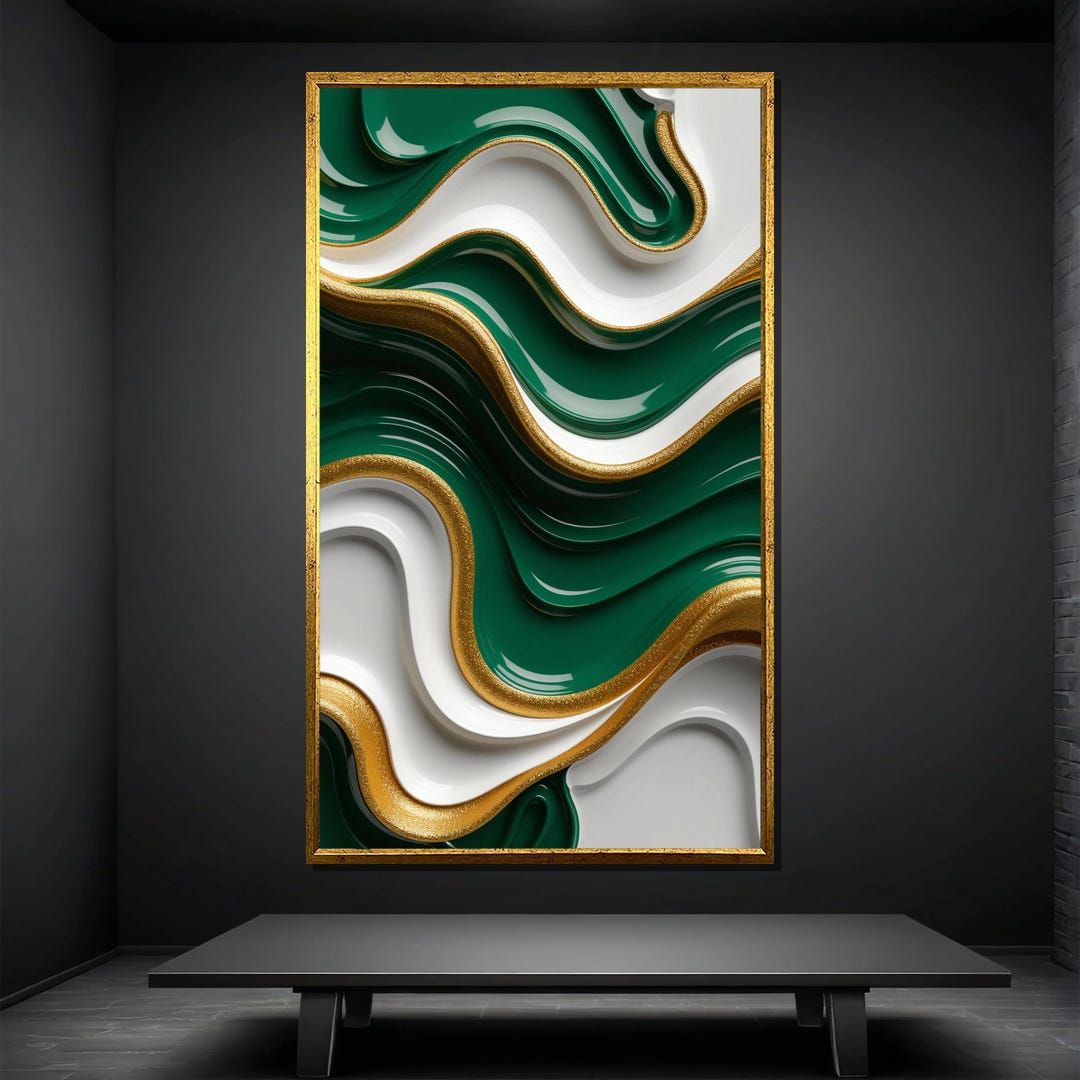 Emerald Green Wave Canvas Painting – Abstract Luxury Wall Art With Gold ...