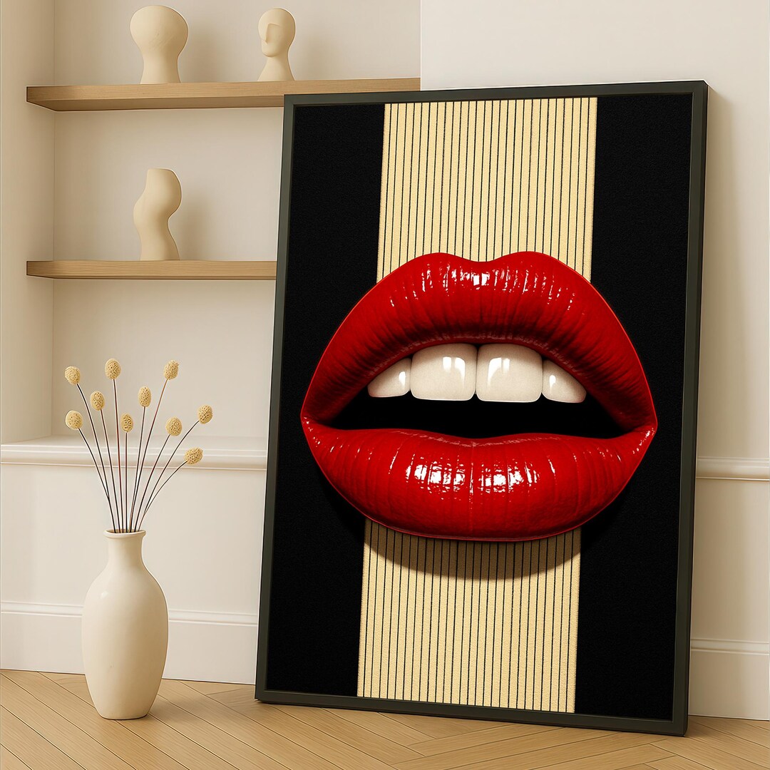 Minimalist Lips Canvas Painting - Bold Red Mouth Art With Vertical ...