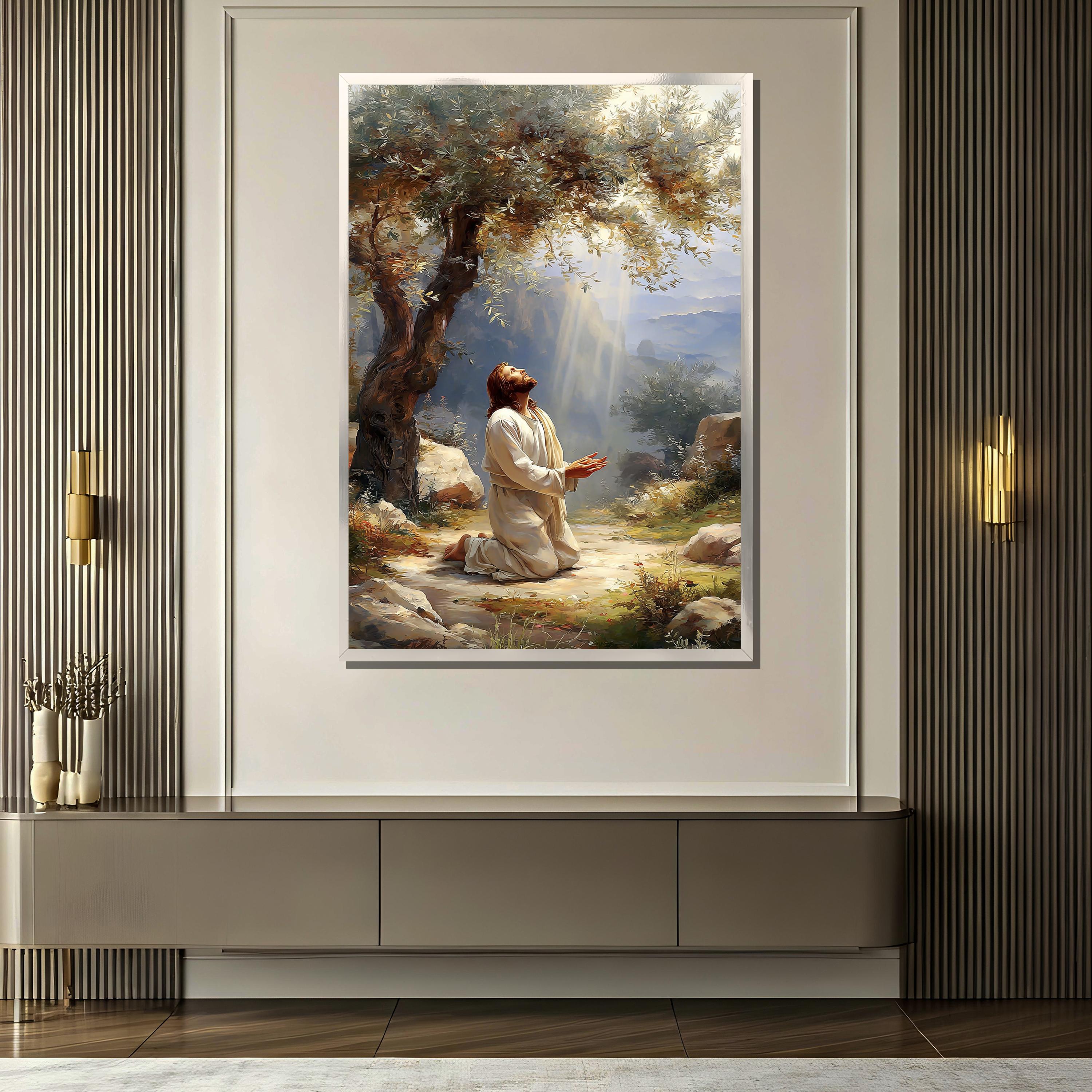 Jesus Praying Under Olive Tree Canvas – Ready to Hang Christian Wall ...