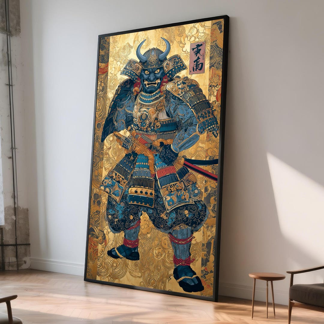 Samurai Warrior Canvas Painting – Japanese Armor Wall Art With Gold ...