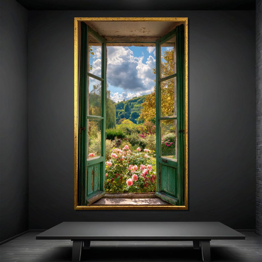 Open Window Garden View Canvas Painting – Floral Landscape Wall Art ...