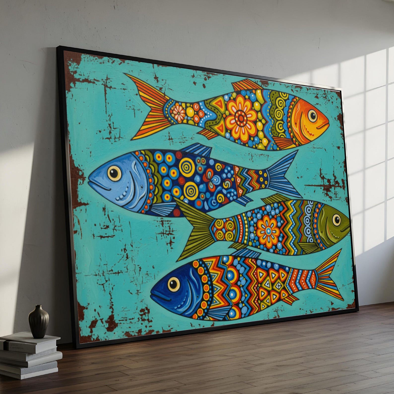Colorful Tribal Fish Canvas, Boho Wall Art, Vibrant Patterned Fish ...