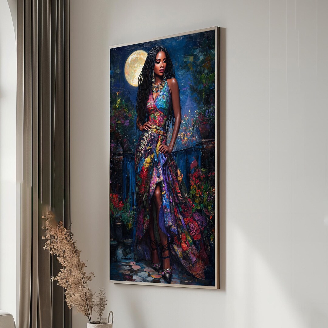 Glamorous Woman in Floral Gown Under Moonlight | Full-body Canvas ...