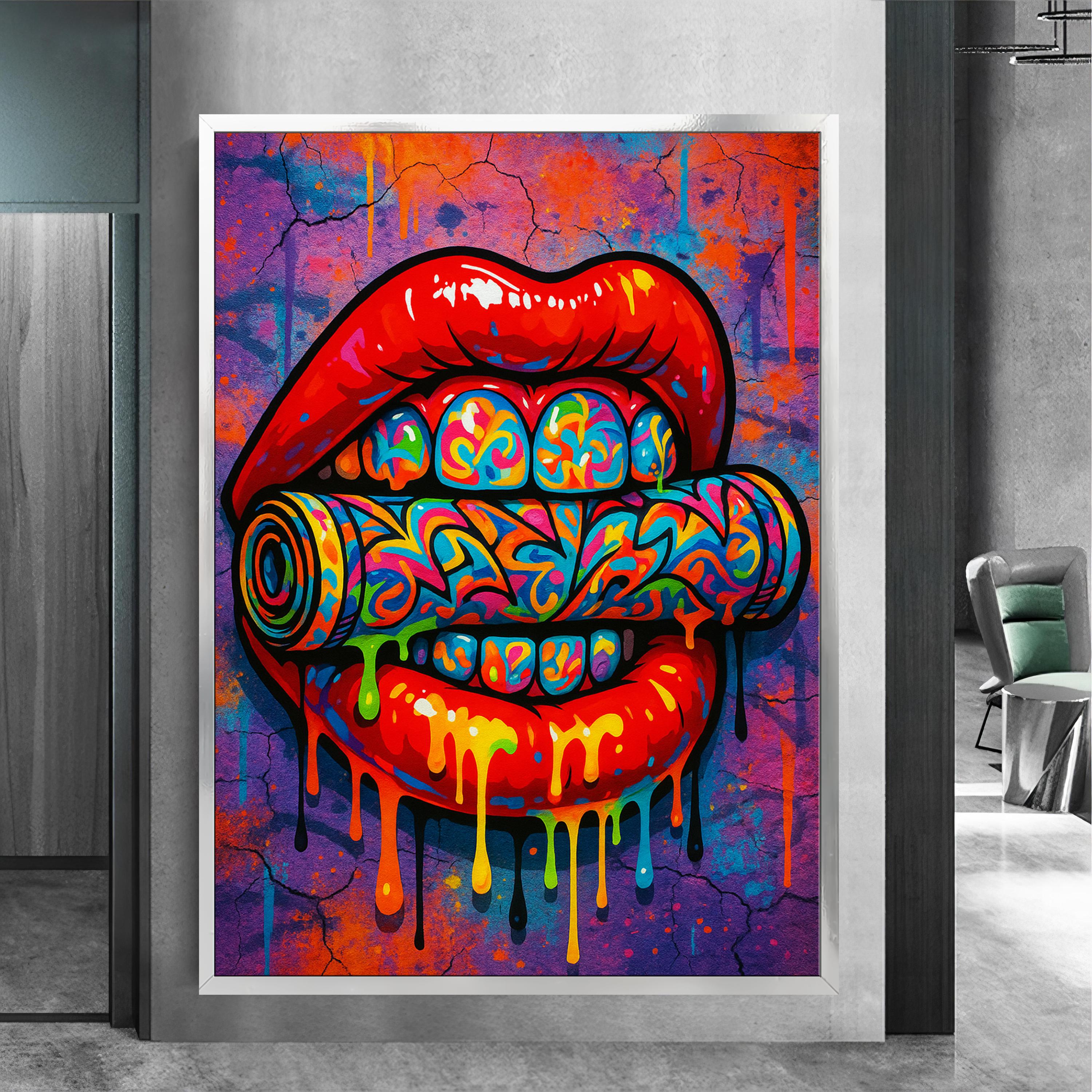 Dripping Pop Lips With Spray – Bold Street Style Canvas Painting, Ready ...
