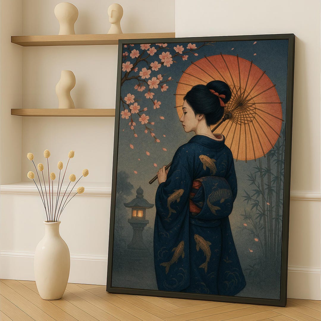 Japanese Geisha Canvas Painting With Koi Kimono – Cherry Blossom Wall ...